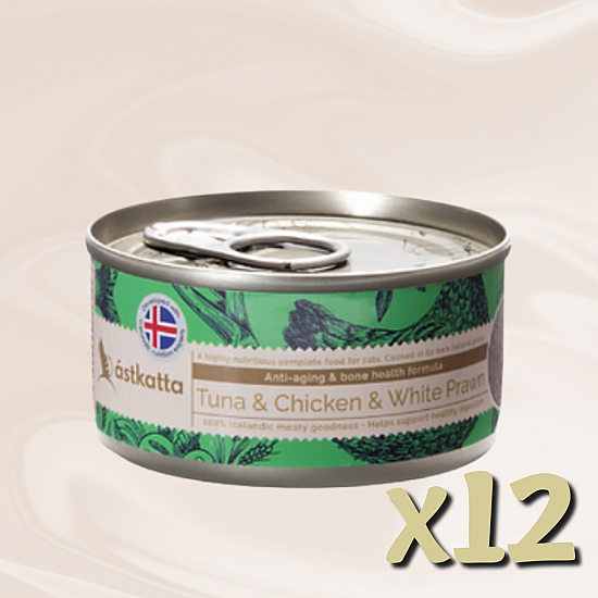 ástkatta - 白鏗吞拿、雞肉、白蝦 增強活力主食配方 貓罐頭 80g X12
